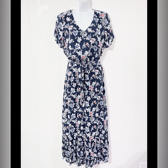 J. Jill | Dresses | J Jill Blue Floral V Neck Ruffle Sleeve Tie Waist ...